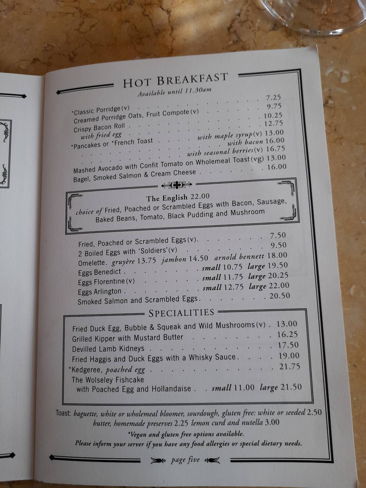 Menu at The Wolseley cafe, London