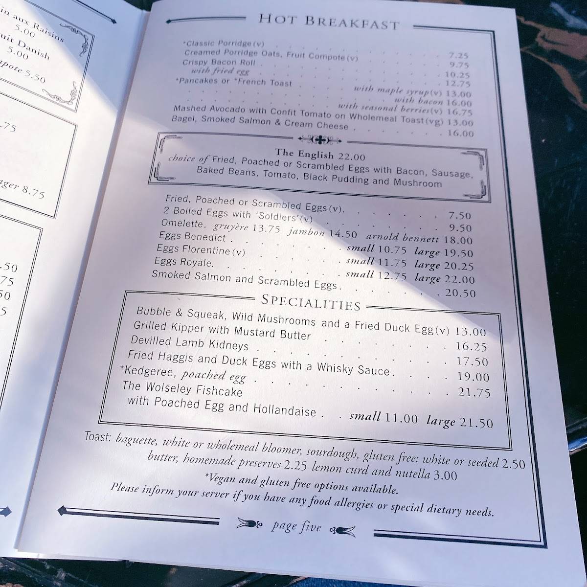 Menu at The Wolseley cafe, London