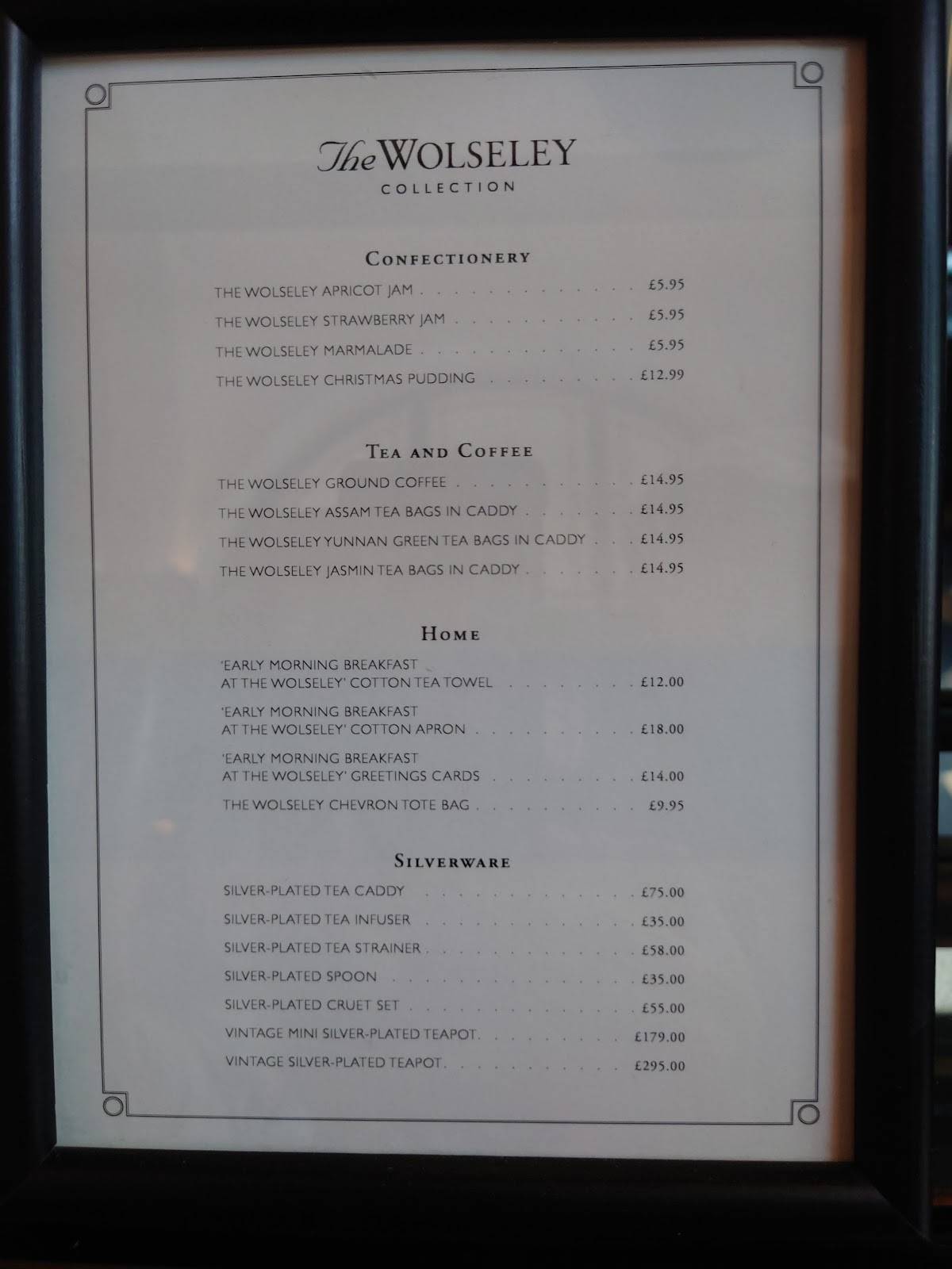 Menu at The Wolseley cafe, London