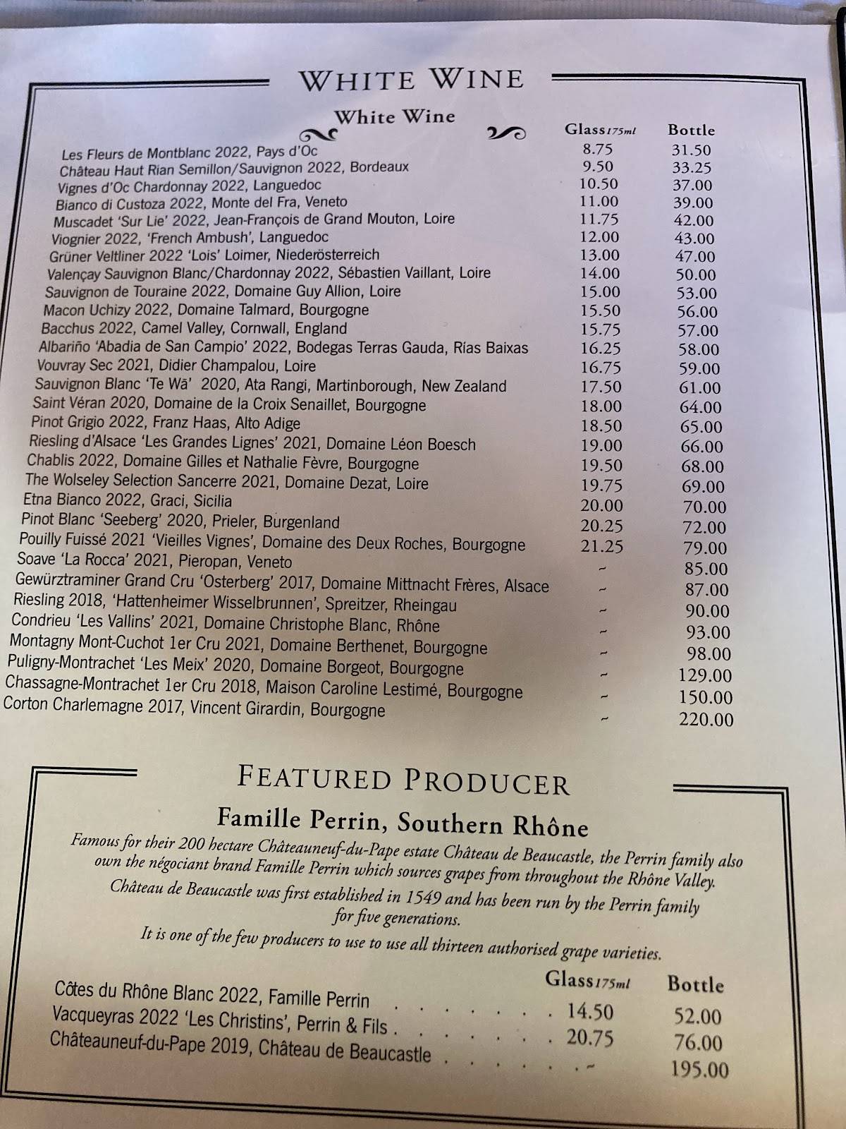 Menu at The Wolseley cafe, London