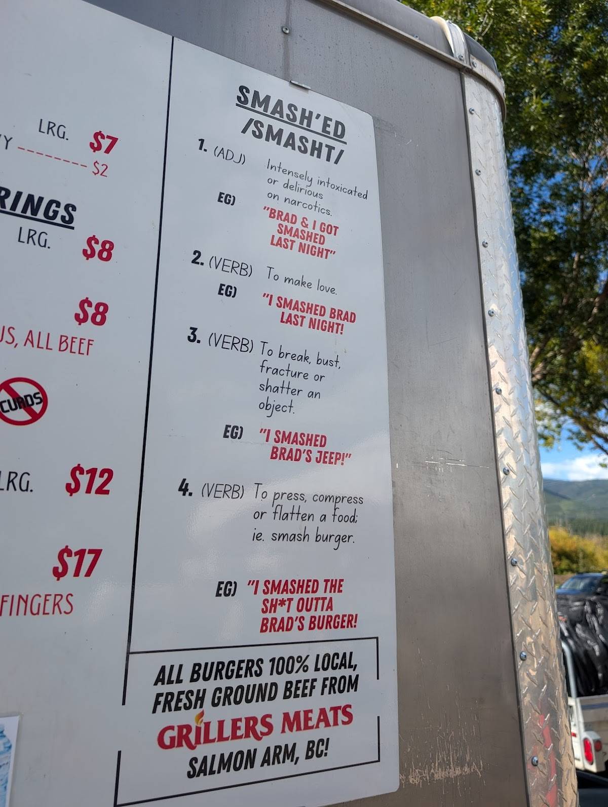 Menu at The Yukon Smash restaurant, Salmon Arm