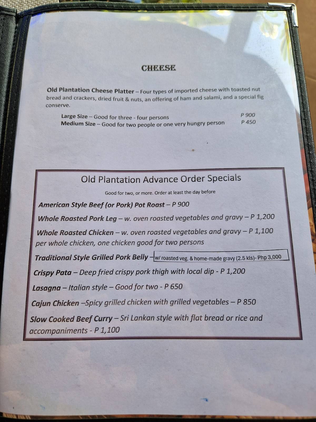 Menu at The old plantation restaurant, Anda