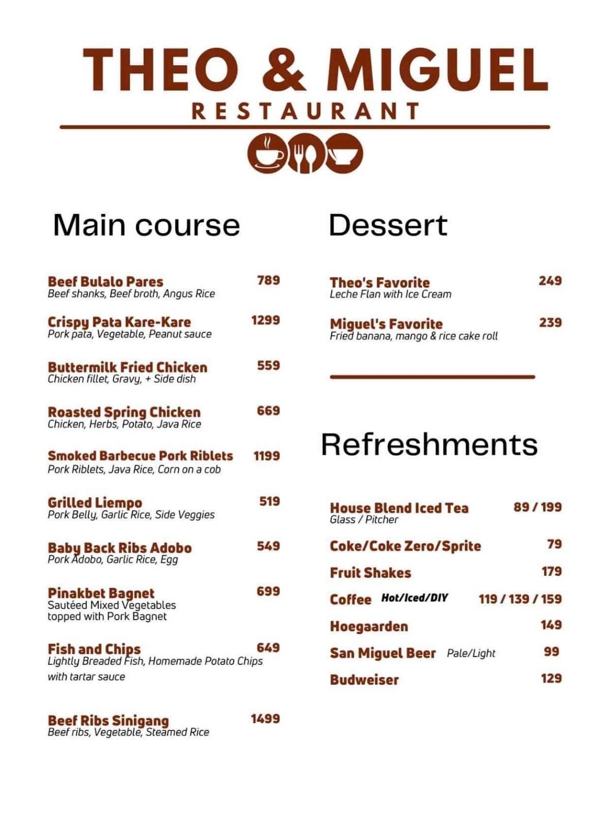 Menu at Theo & Miguel Restaurant, Antipolo