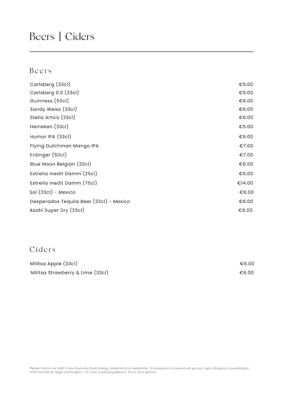 Menu at Theory Cocktail Bar, Nicosia
