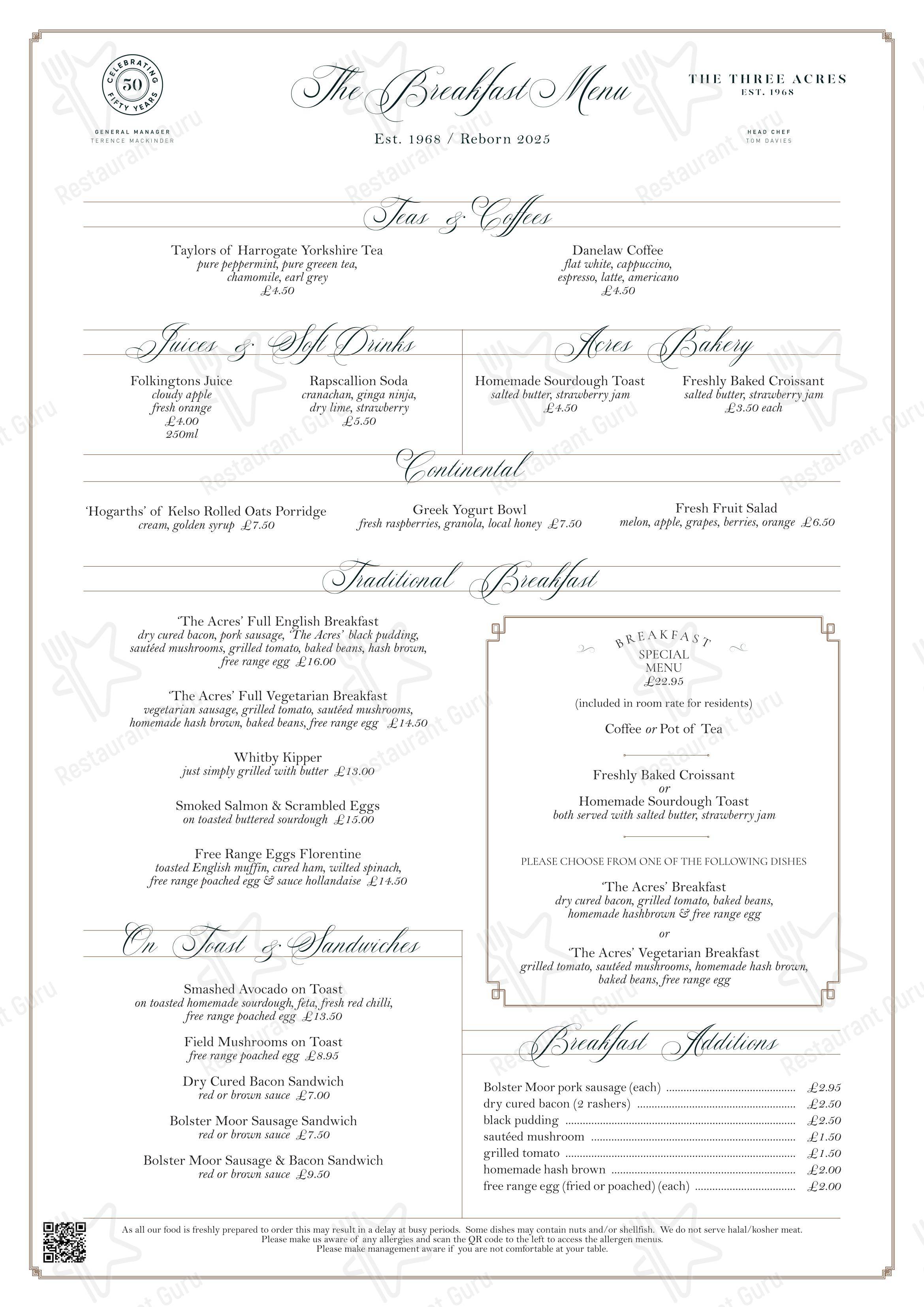 Menu at Three Acres Inn & Restaurant, Huddersfield, Three Acres Inn