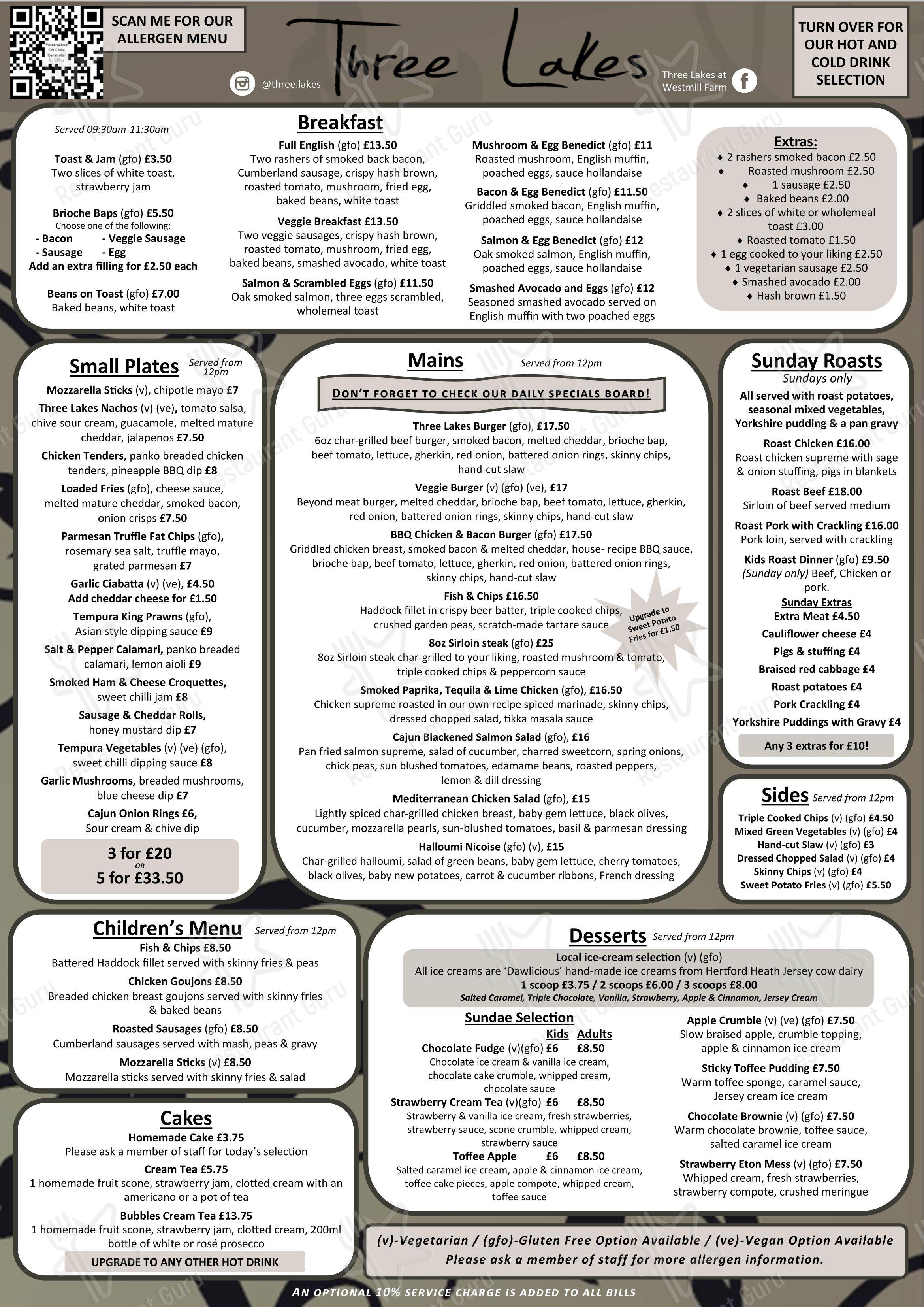 Menu at Three Lakes restaurant, Ware