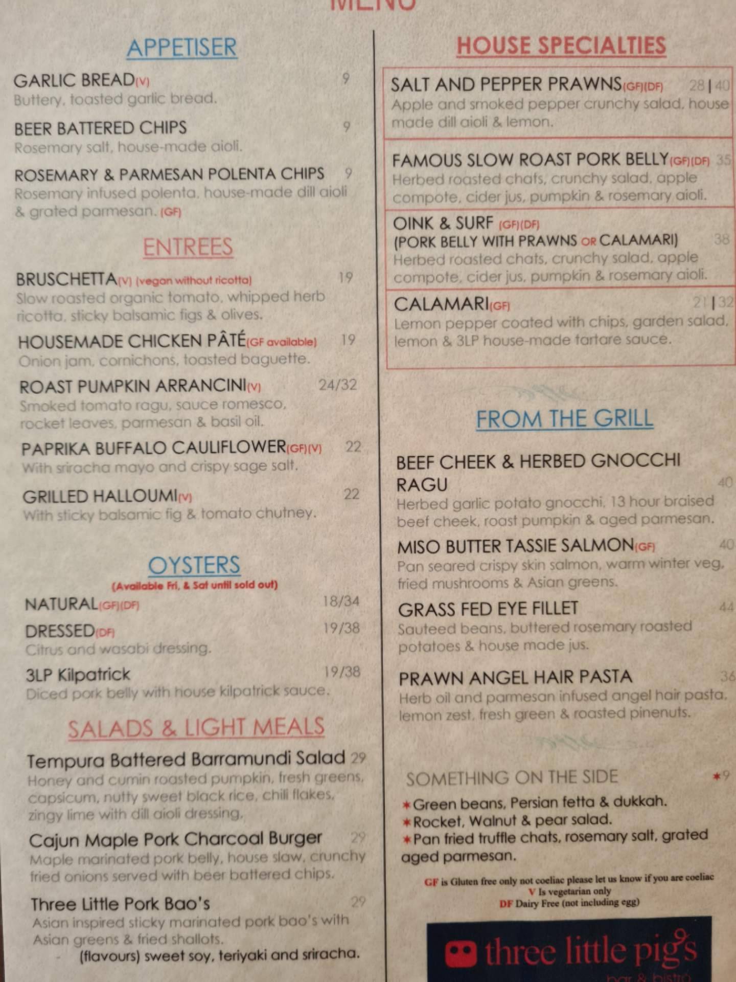 Menu at Three Little Pigs Bar & Bistro, Tamborine Mountain