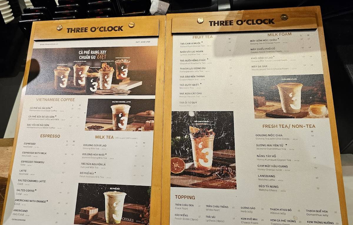 Menu at Three O’clock cafe, Ho Chi Minh City, 26-28 Nguyễn Gia Trí
