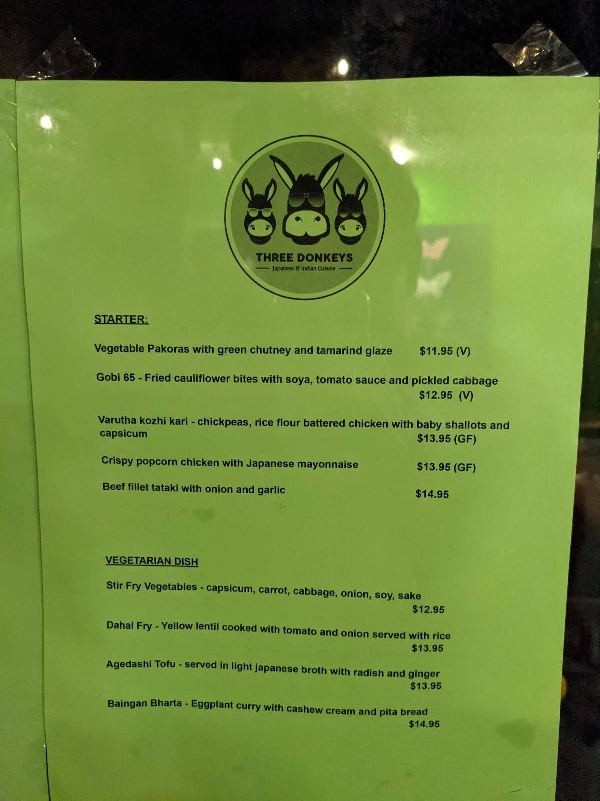 Menu at Three donkeys restaurant, Christchurch