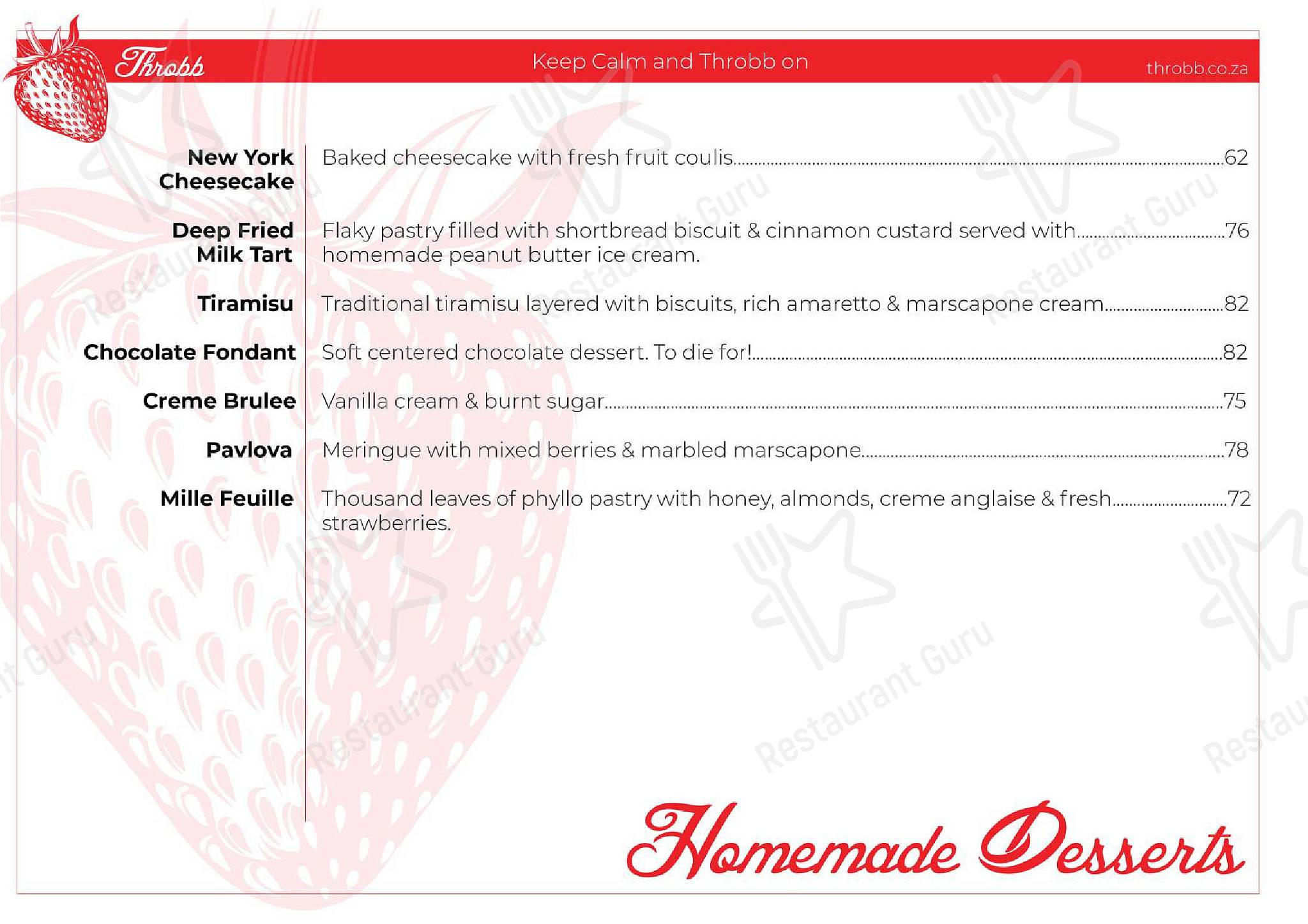 Menu at Throbbing Strawberry restaurant, Johannesburg