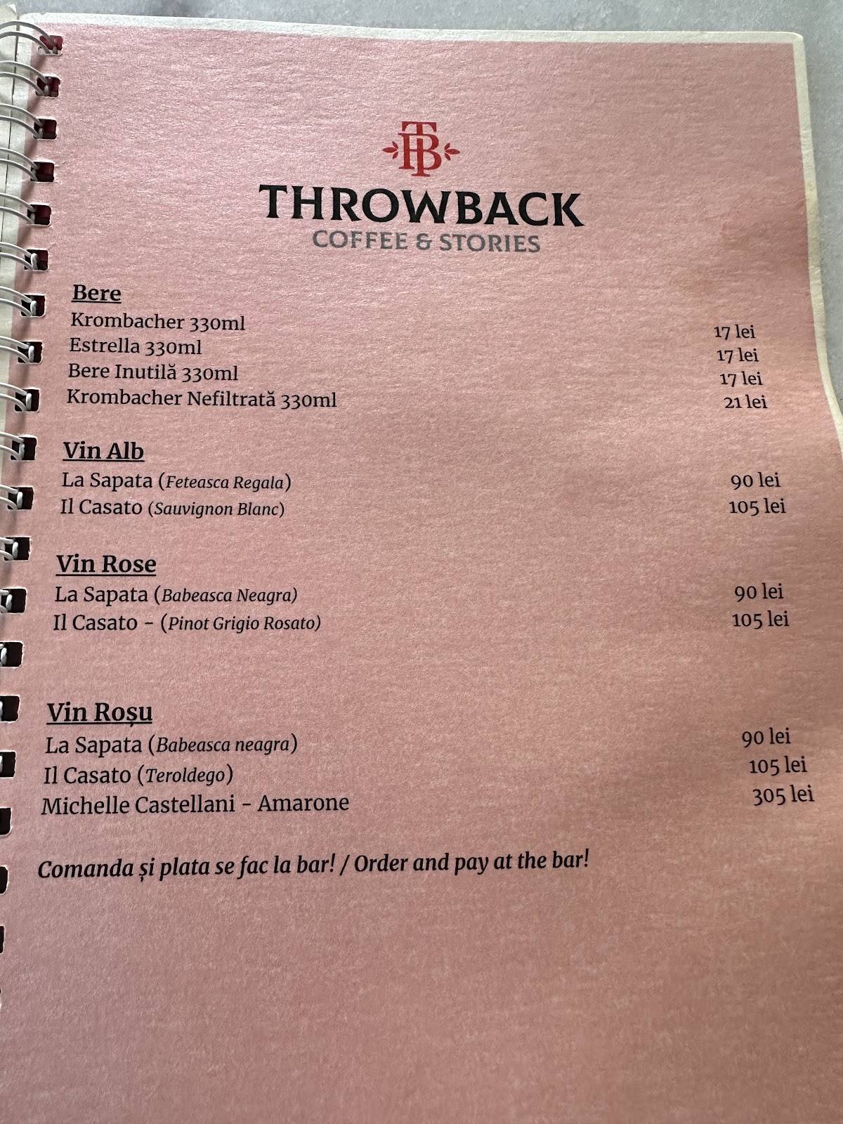 Menu at Throwback Coffee, Bucharest