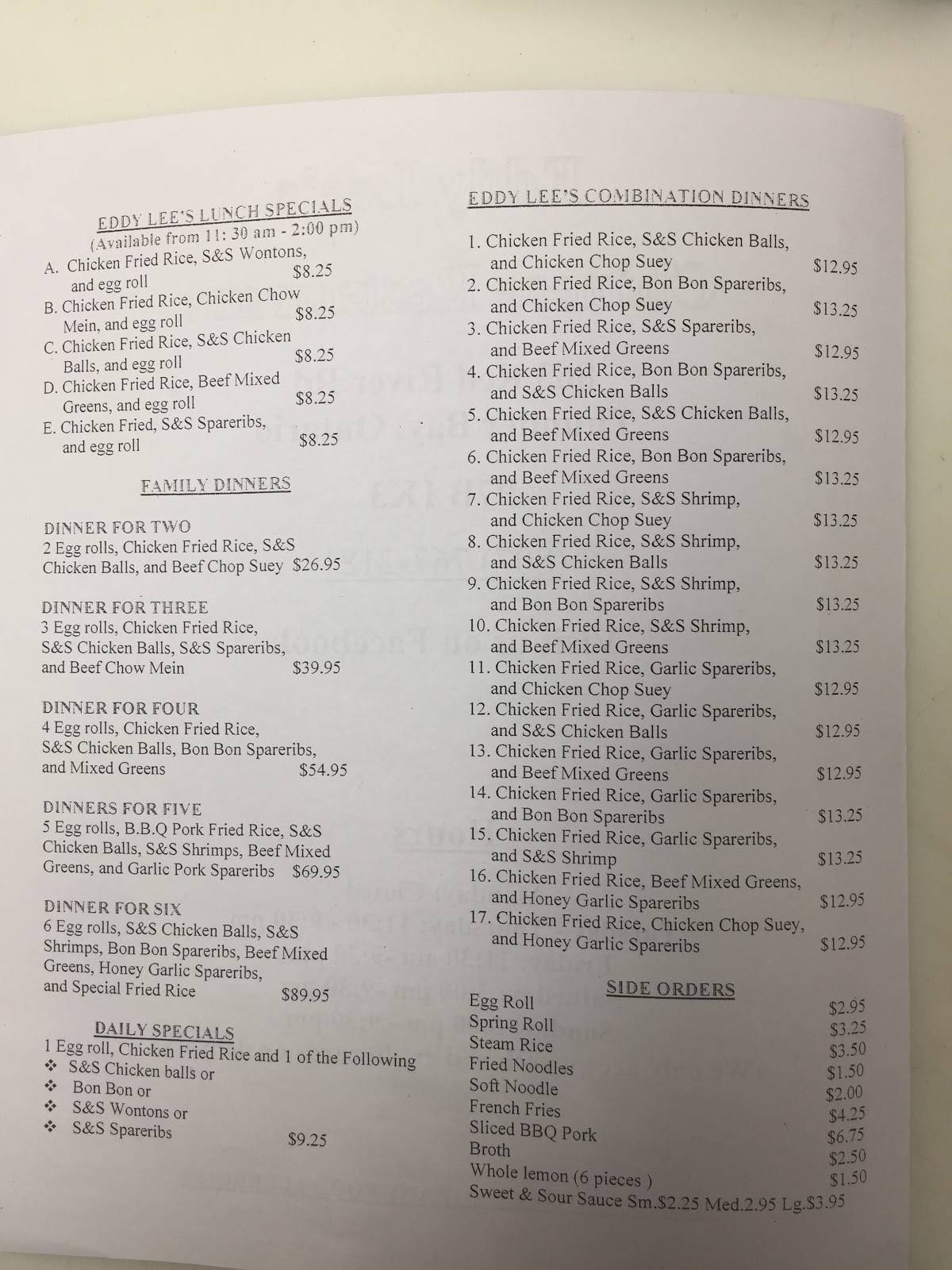 Menu at Eddy Lee's Chinese Restaurant, Thunder Bay
