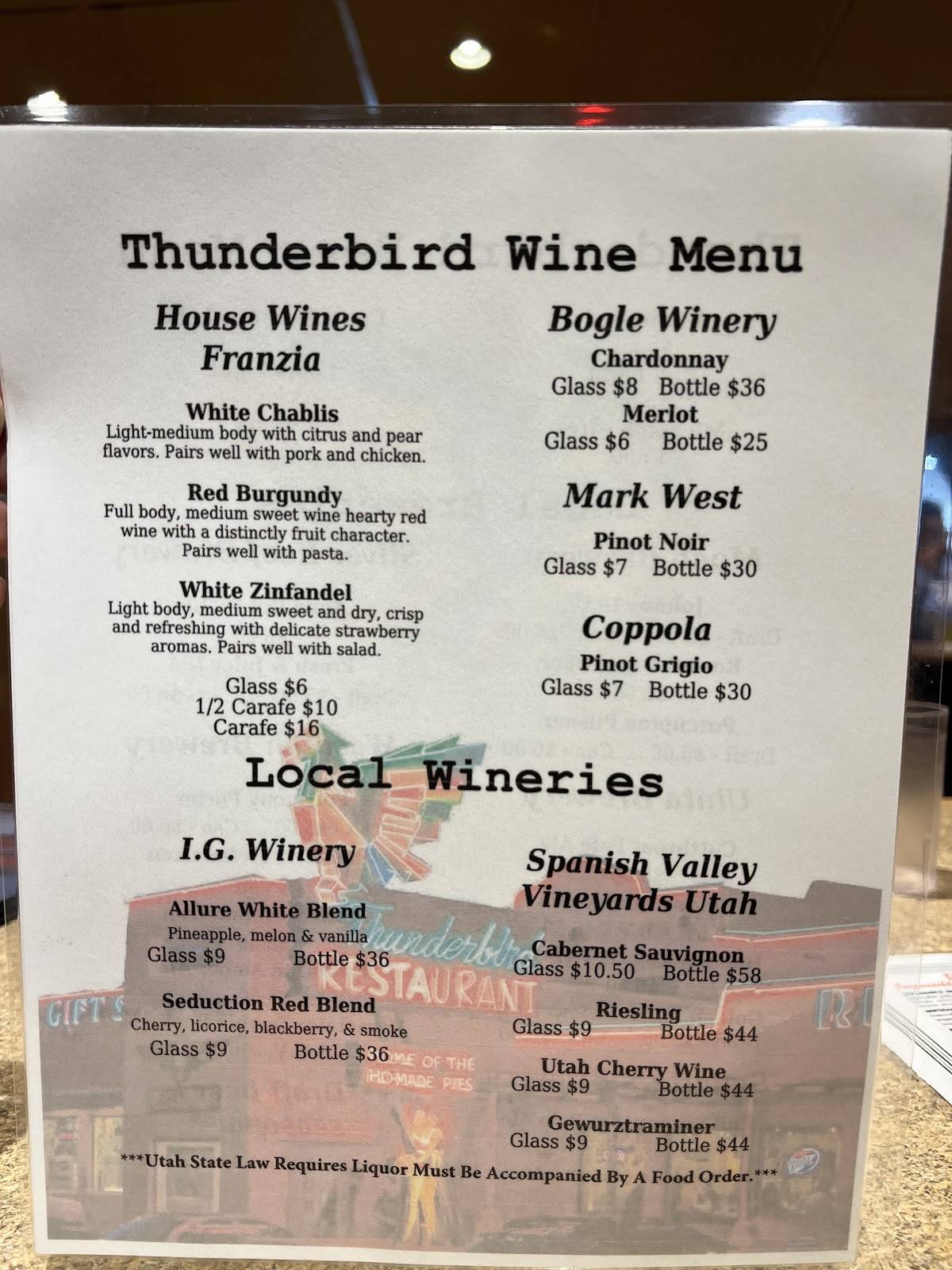 Menu at Thunderbird Restaurant, Orderville, State St