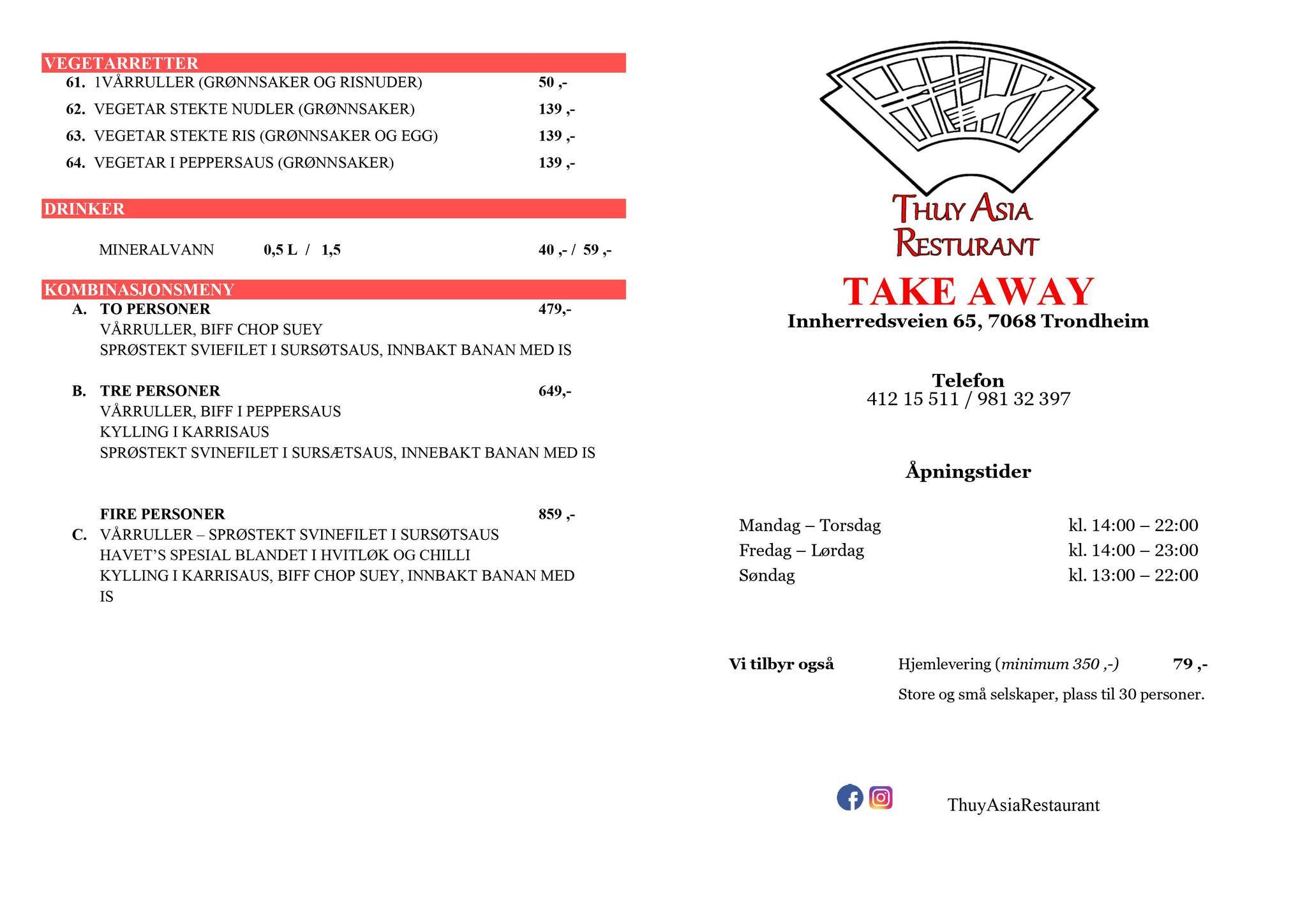 Menu at Thuy Asia Restaurant, Trondheim, Innherredveien 65A