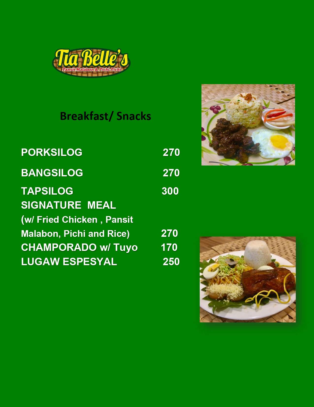 Menu at Tia Belle' Restaurant - Pansit Malabon & Pichi-Pichi, Silang