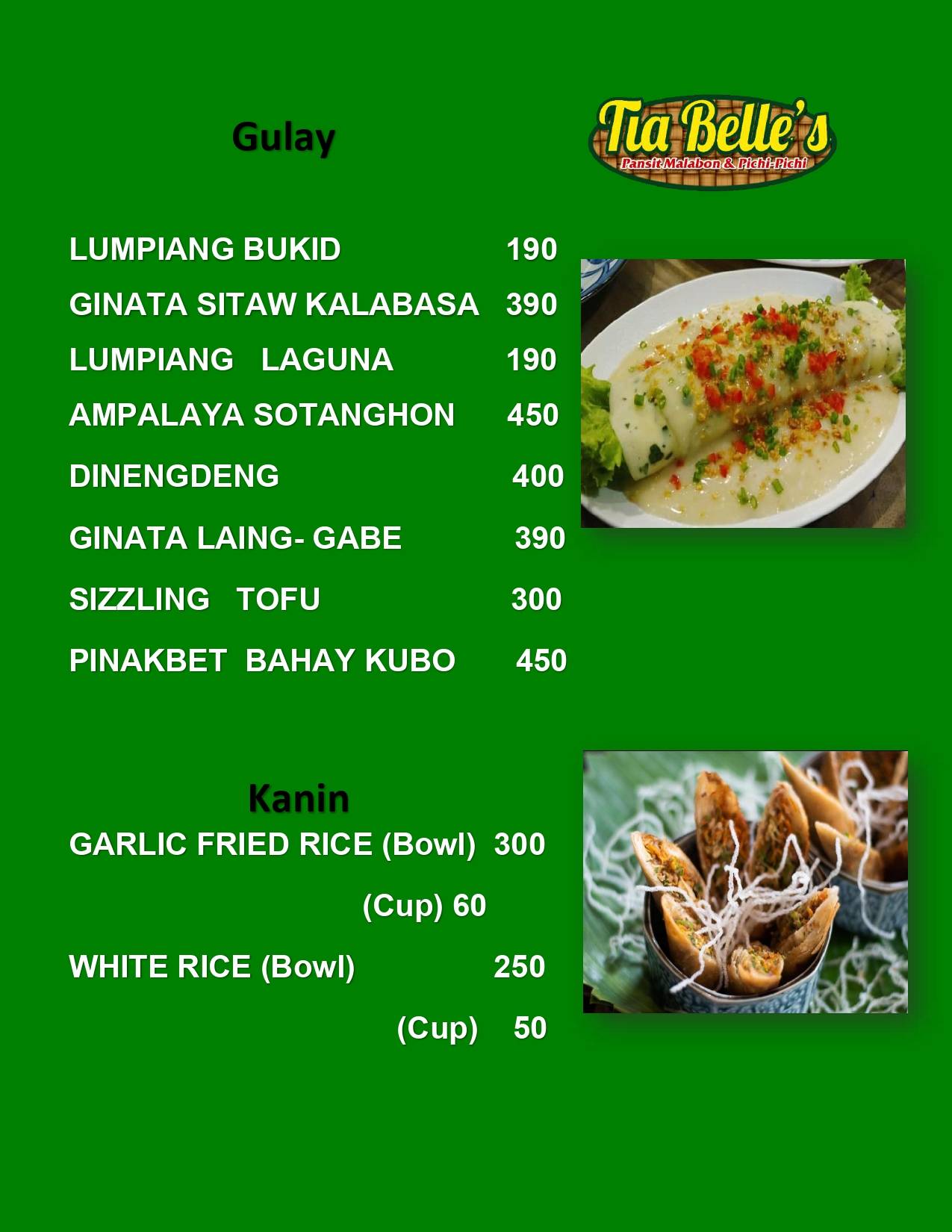 Menu at Tia Belle' Restaurant - Pansit Malabon & Pichi-Pichi, Silang
