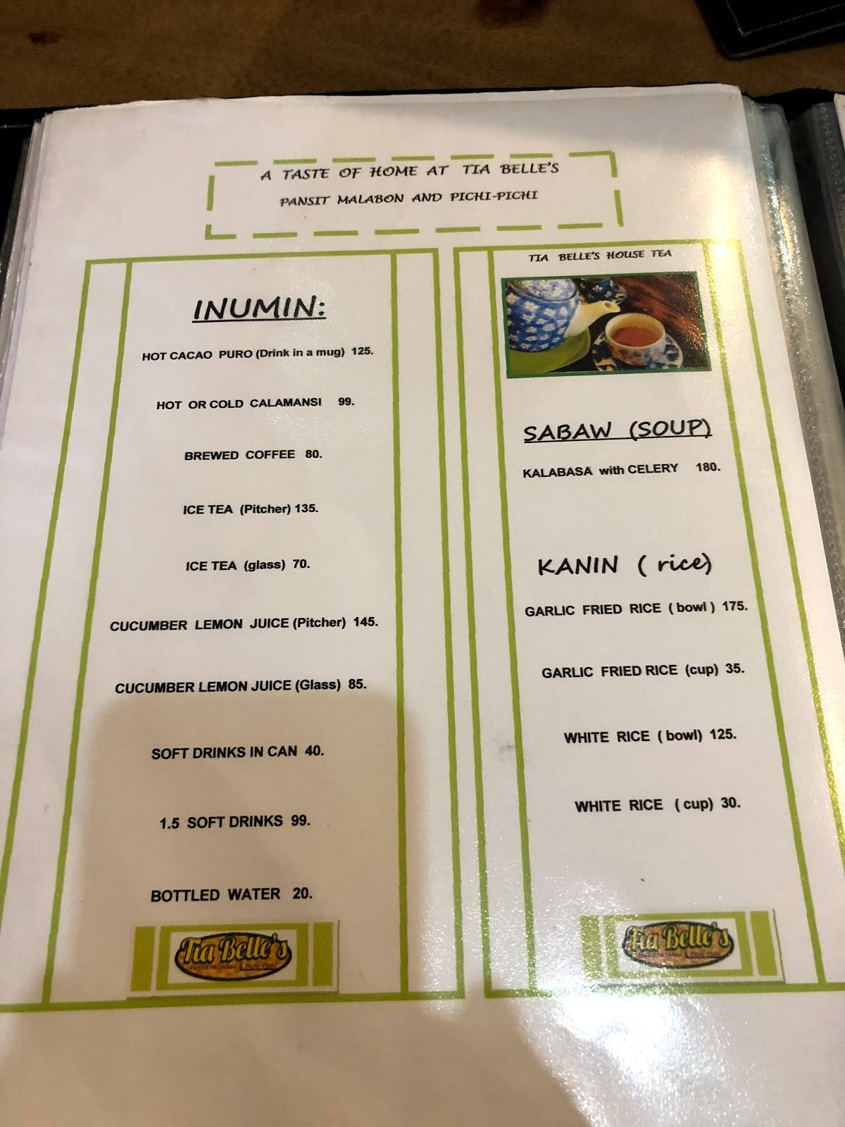 Menu at Tia Belle' Restaurant - Pansit Malabon & Pichi-Pichi, Silang