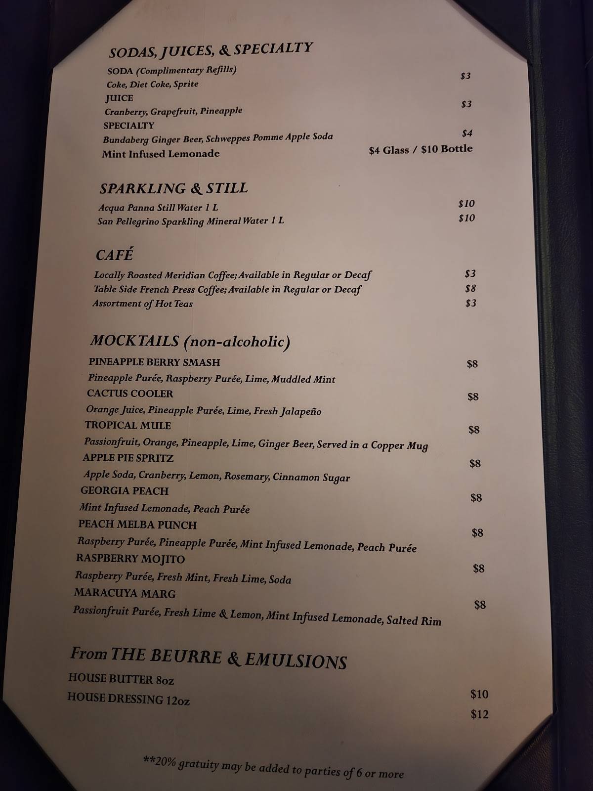 Menu at Tiburon restaurant, Sandy