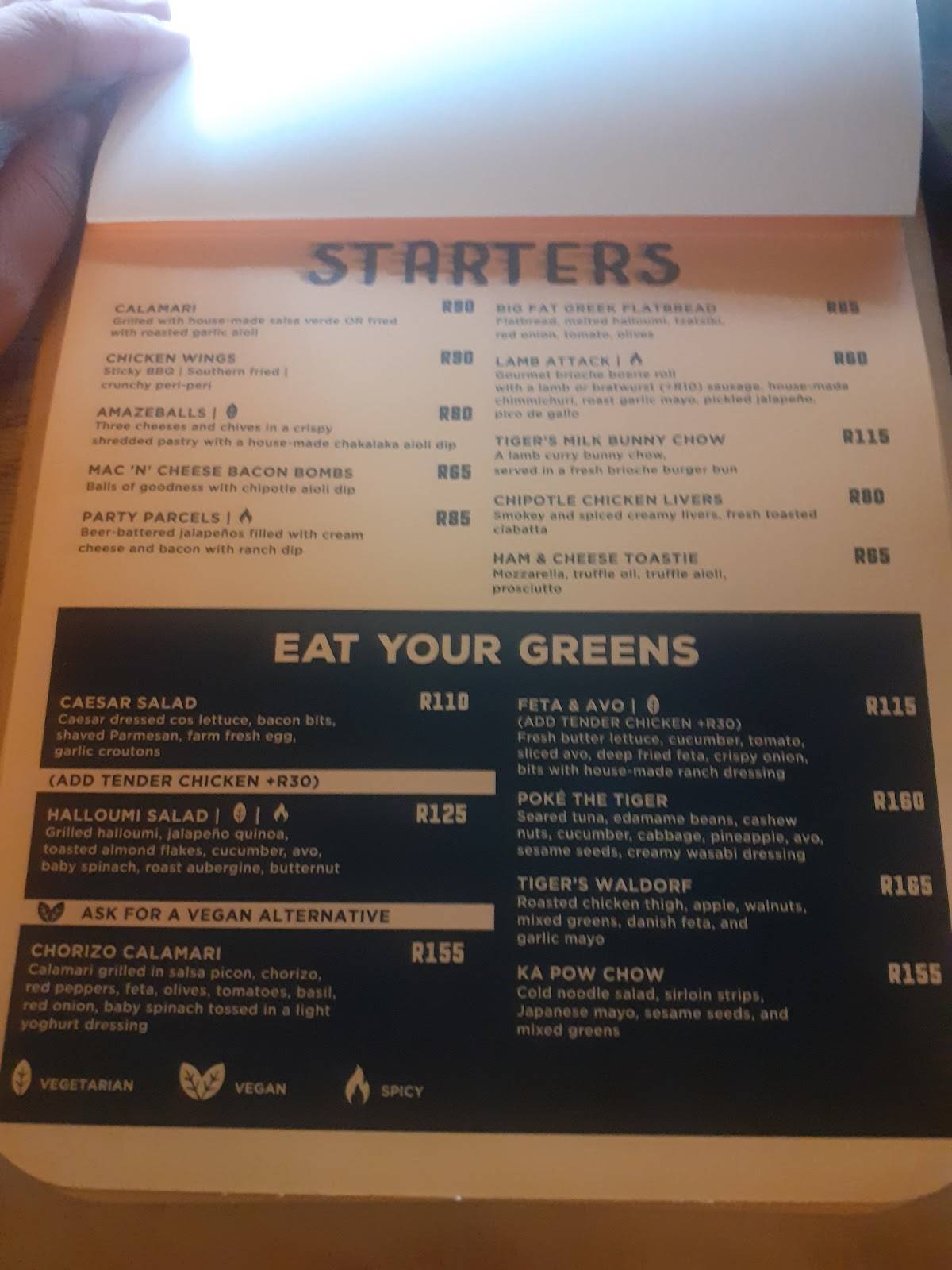 Menu at Tiger's Milk Claremont restaurant, Cape Town, 21 Dreyer St