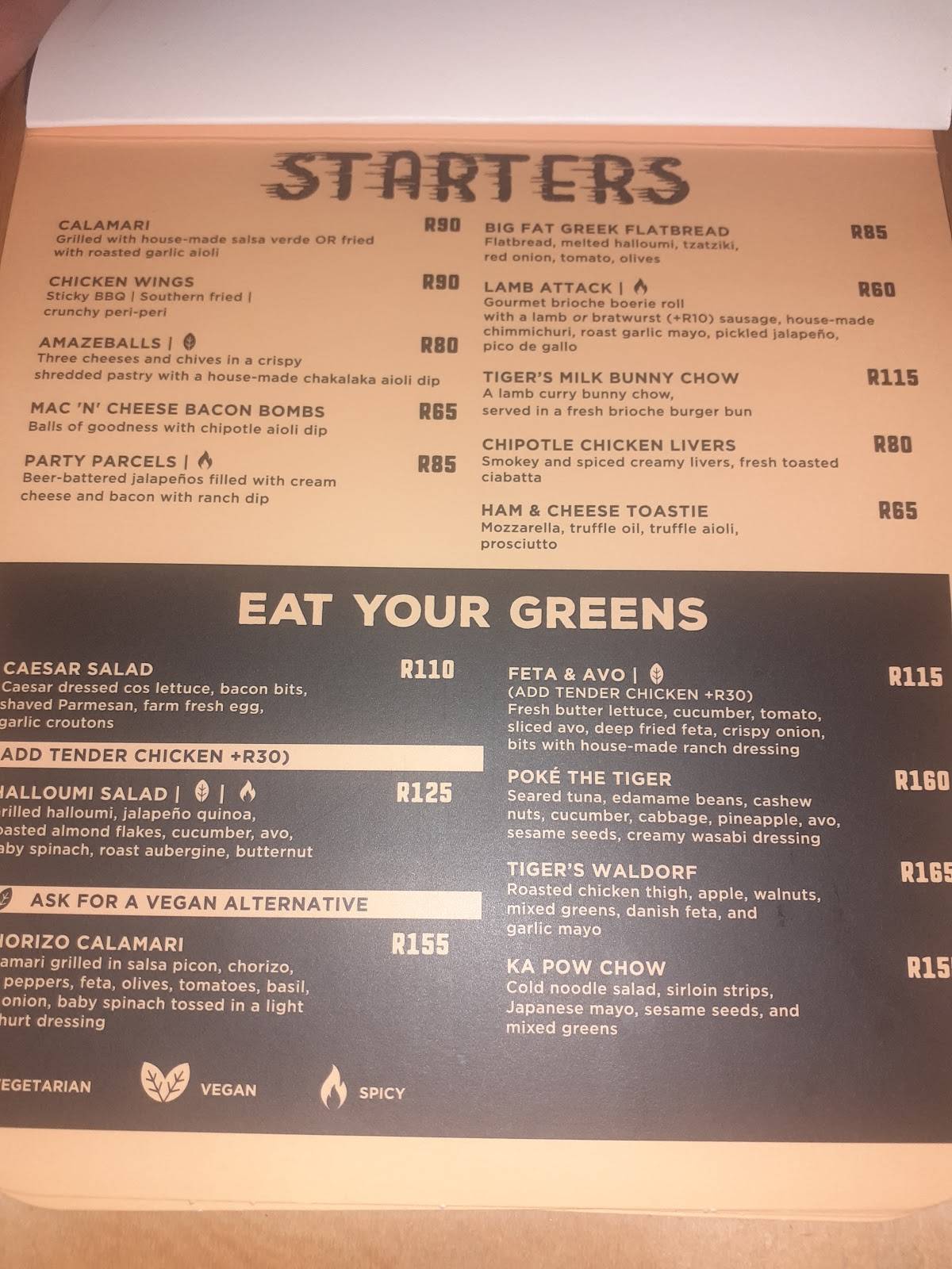 Menu at Tiger's Milk Claremont restaurant, Cape Town, 21 Dreyer St