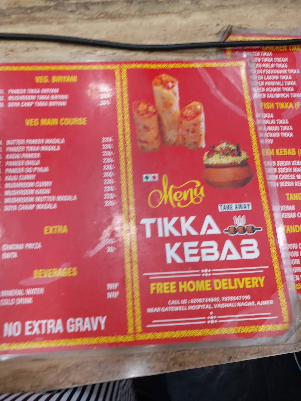 Menu at Tikka Kabab, Ajmer, FJPJ+F76