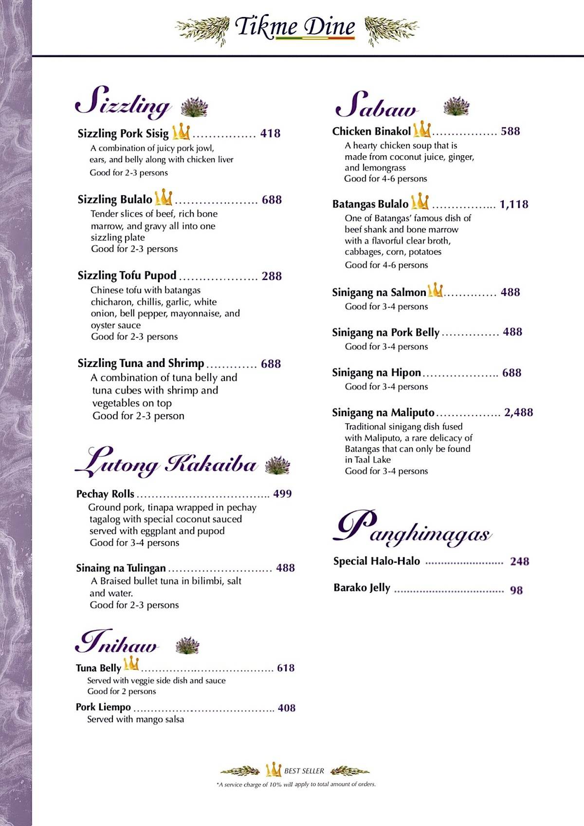 Menu at Tikme Dine restaurant, Quezon City
