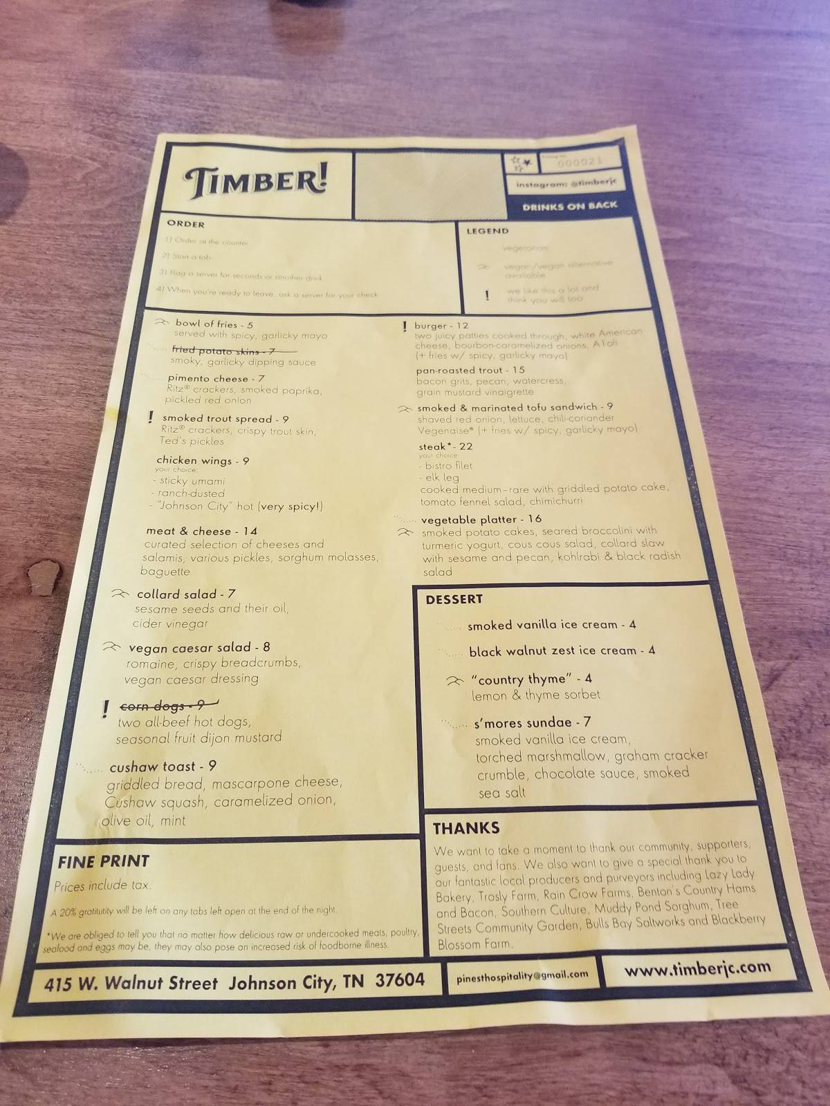 Menu at Timber! pub & bar, Johnson City