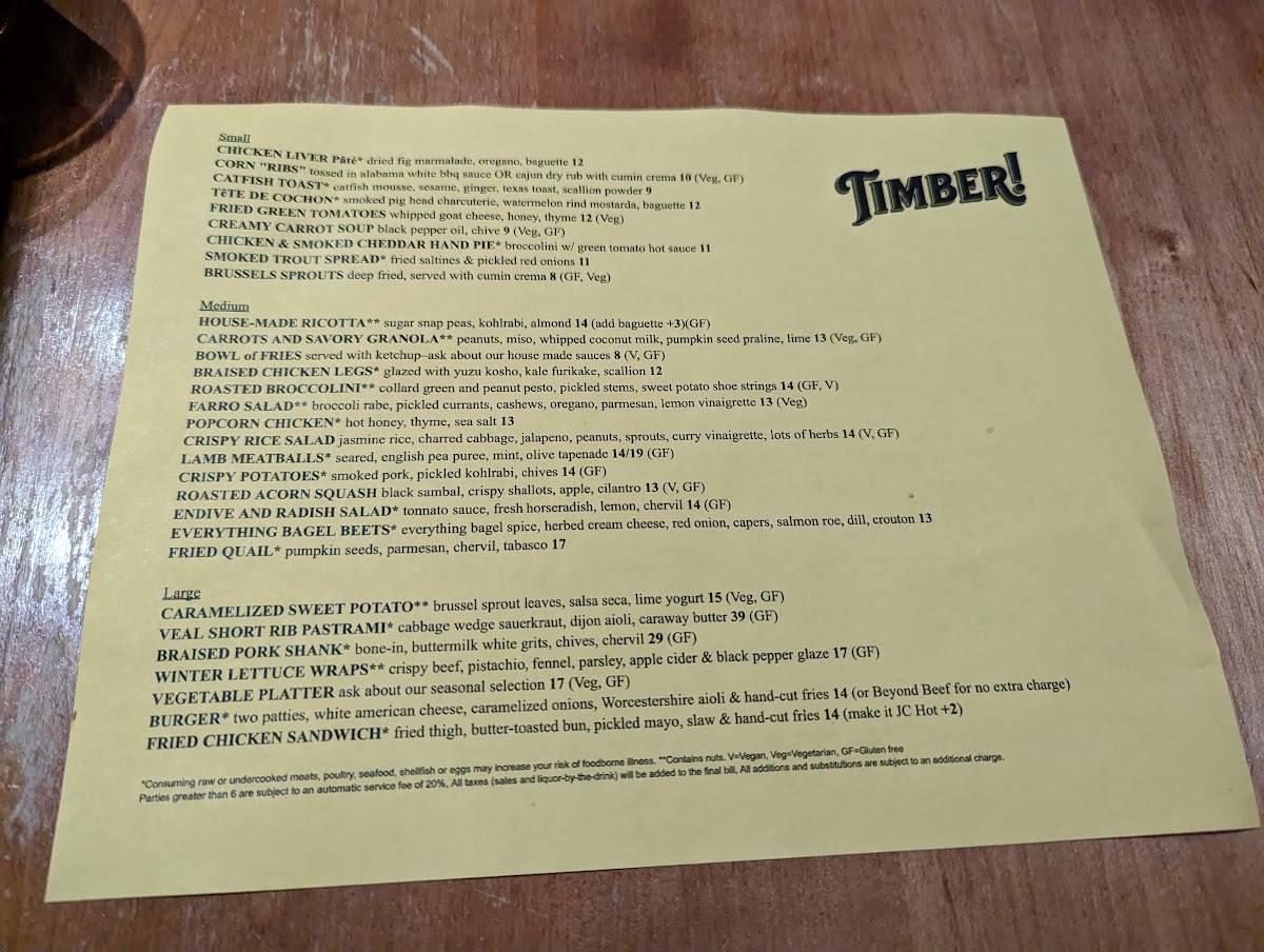 Menu at Timber! pub & bar, Johnson City
