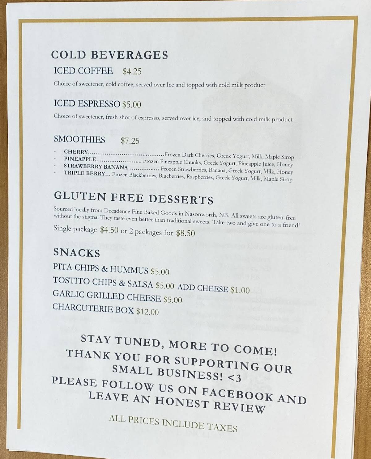 Menu at Timeless Café, Fredericton