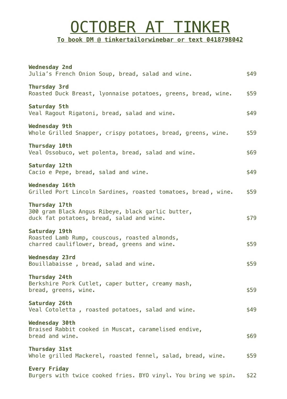 Menu at Tinker Tailor Wine Bar, South Melbourne