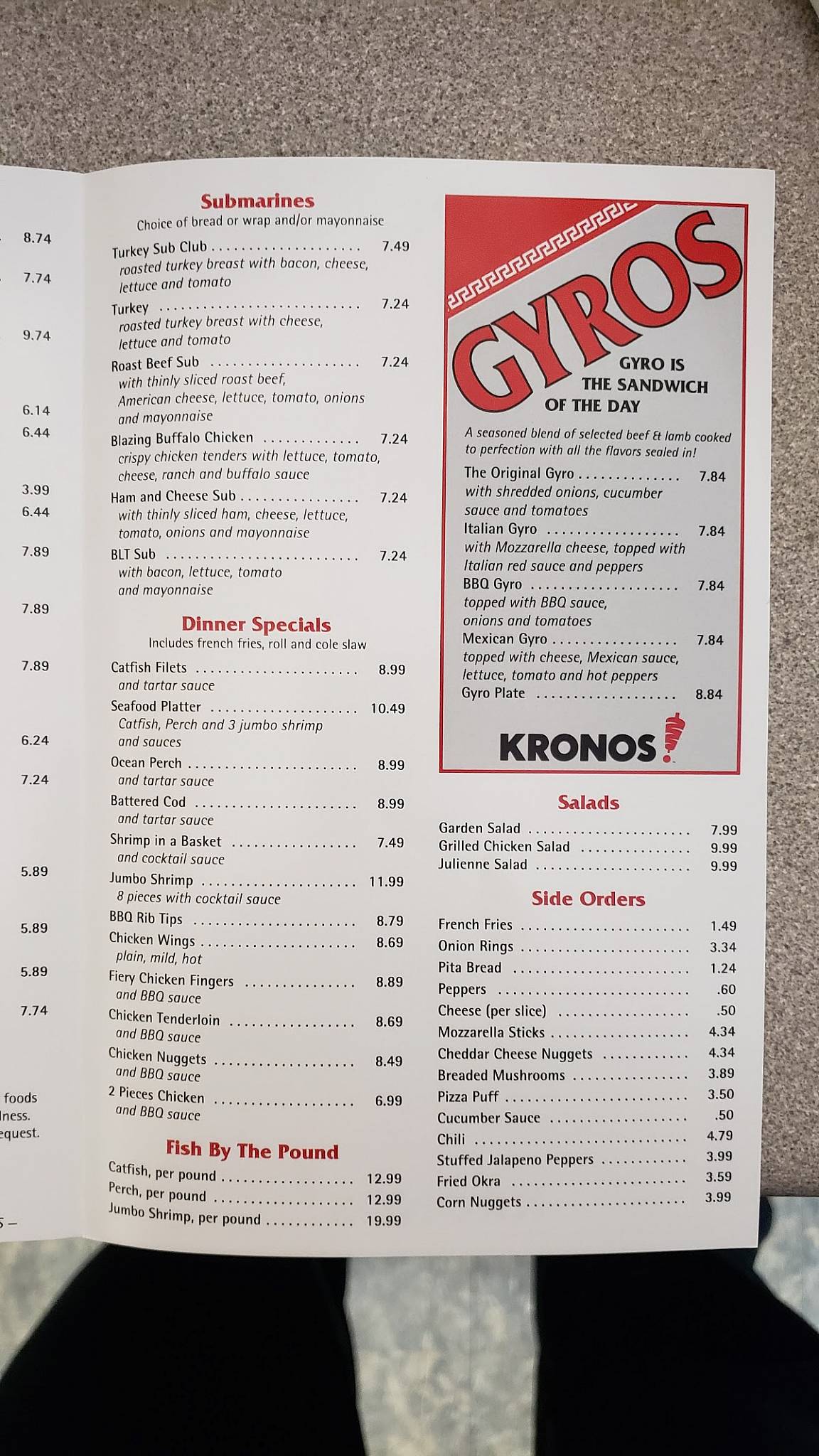 Menu at Tino's Carry Out fast food, Racine, Lathrop Ave