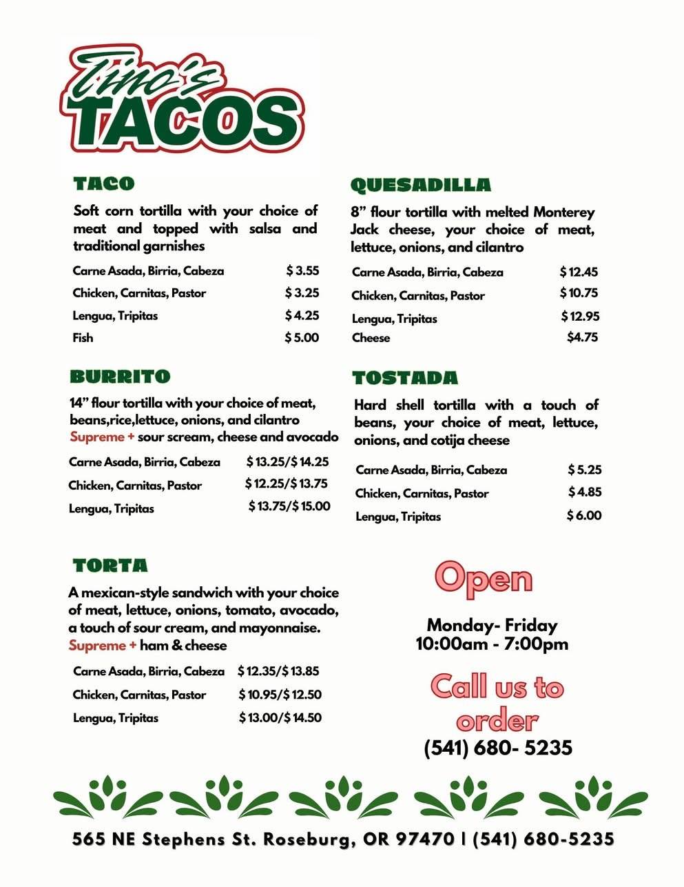 Menu at Tino's Tacos restaurant, Roseburg