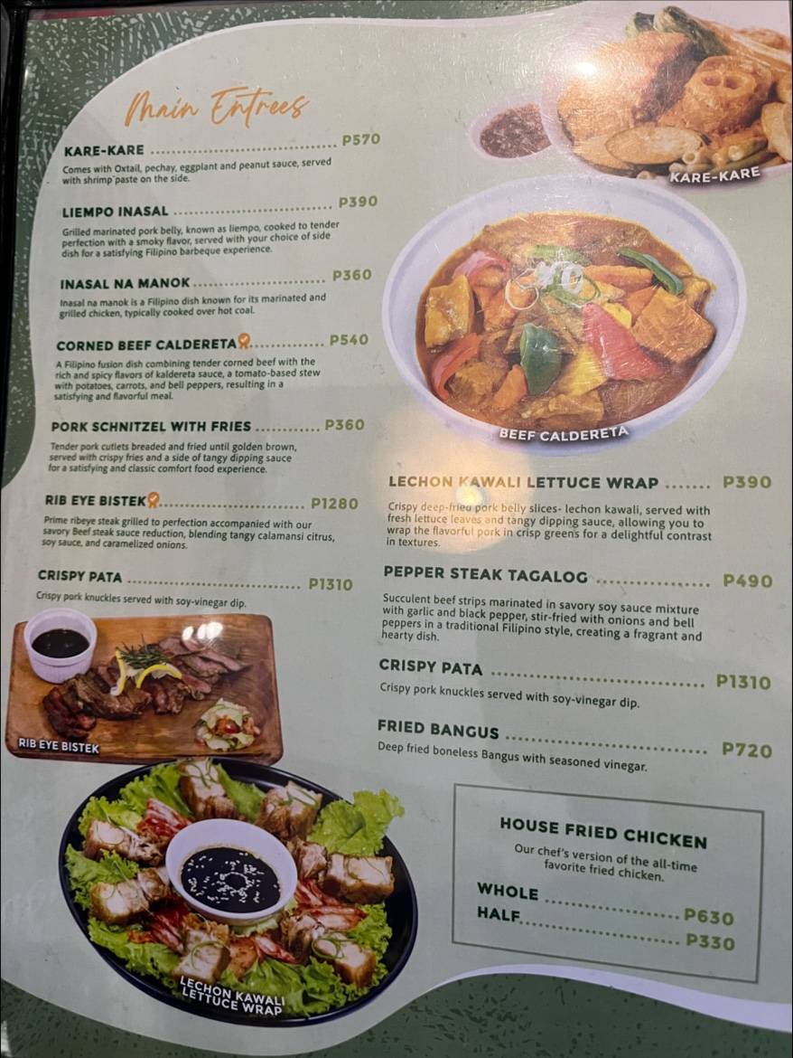 Menu at Tipanan Restaurant, Tagaytay