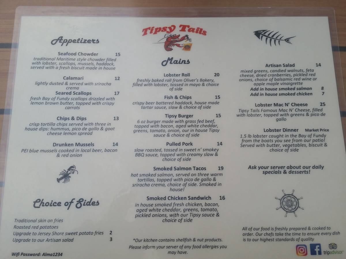 Menu au Tipsy Tails Restaurant, Alma