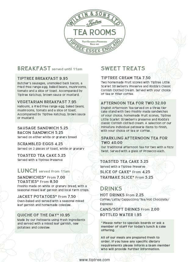 Menu at Tiptree Tea Rooms at The Barns, Cressing Temple, Braintree ...