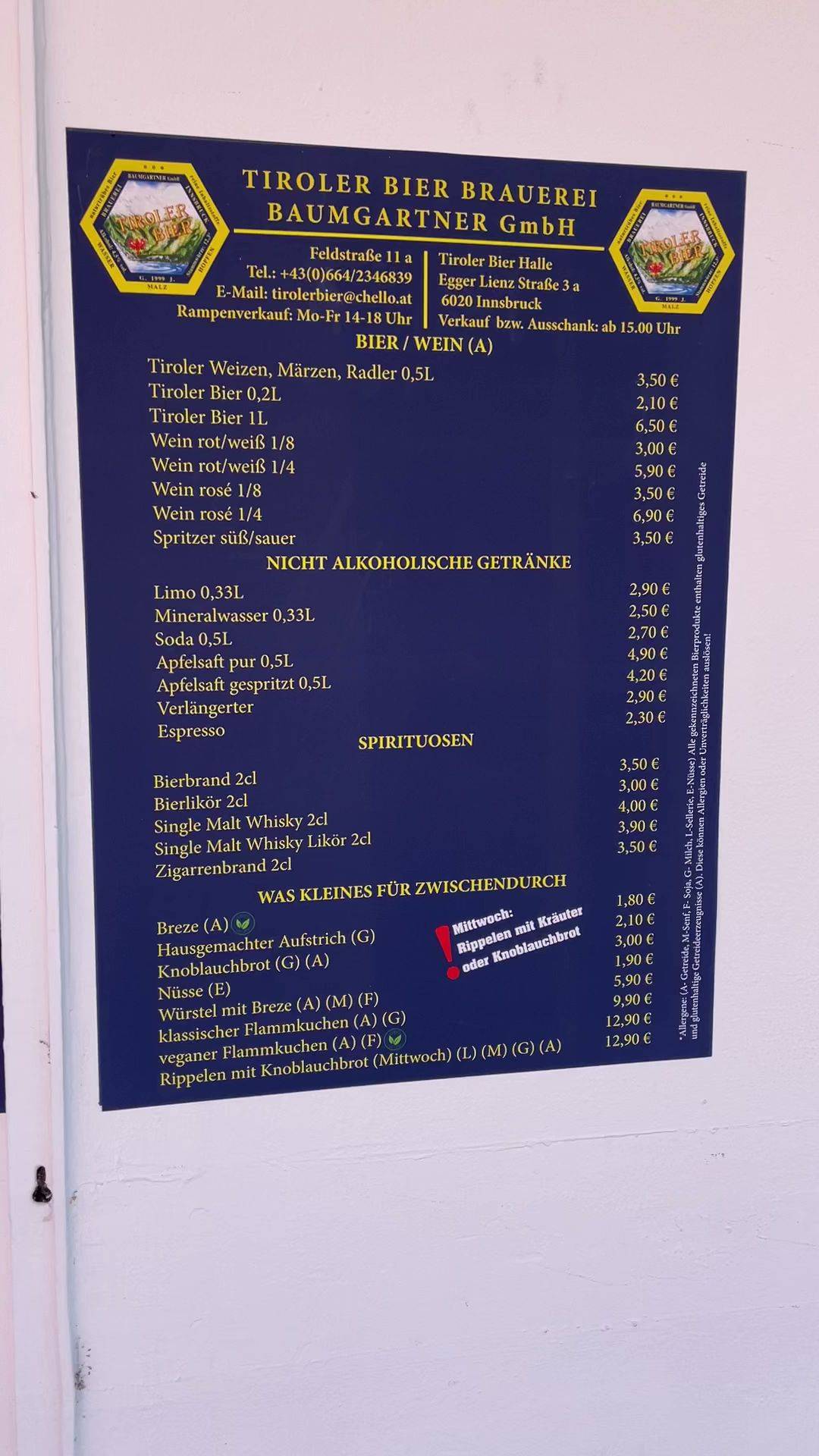 Menu au Tiroler Bier Halle pub et bar, Innsbruck