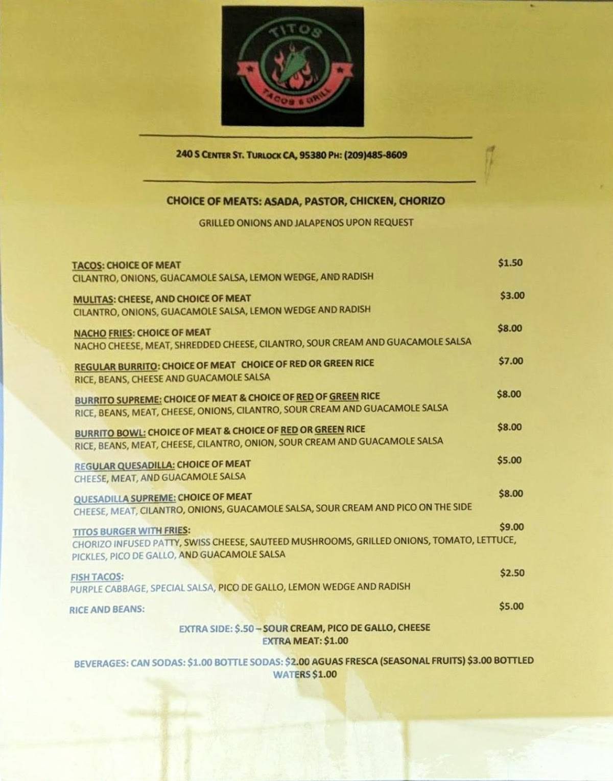 Menu at Titos Tacos and Grill Inc. restaurant, Turlock