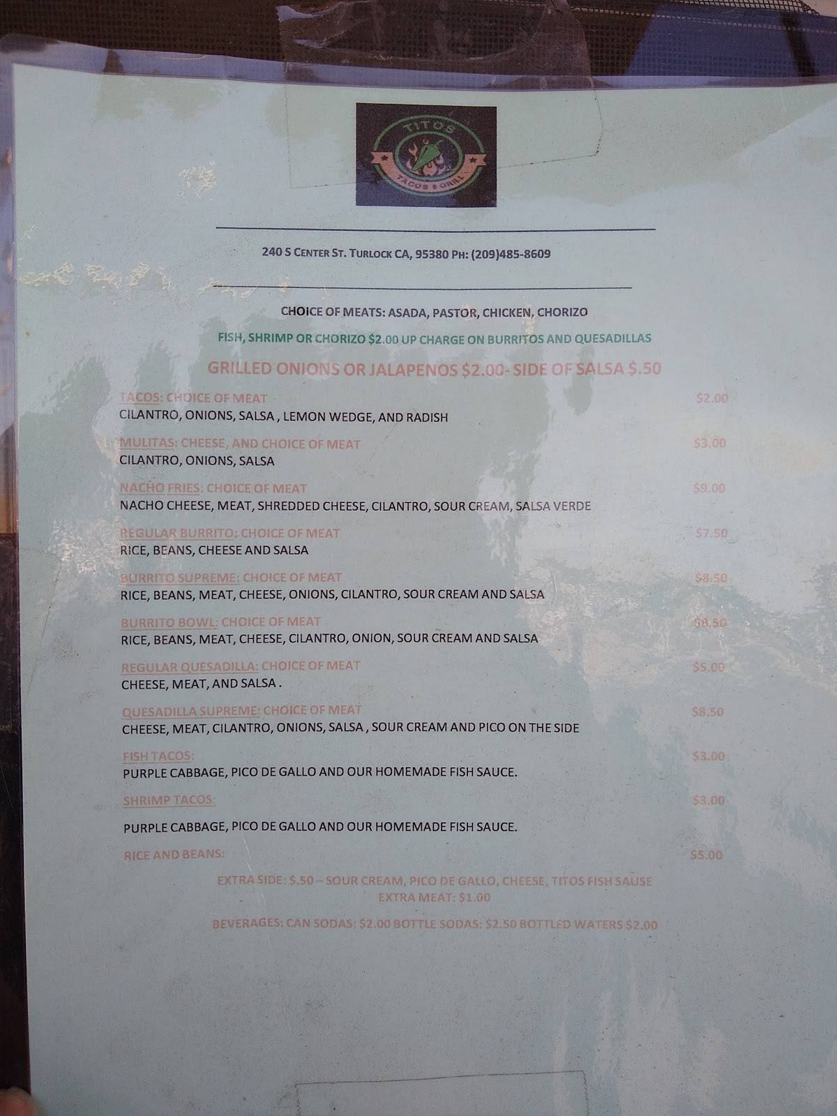 Menu at Titos Tacos and Grill Inc. restaurant, Turlock