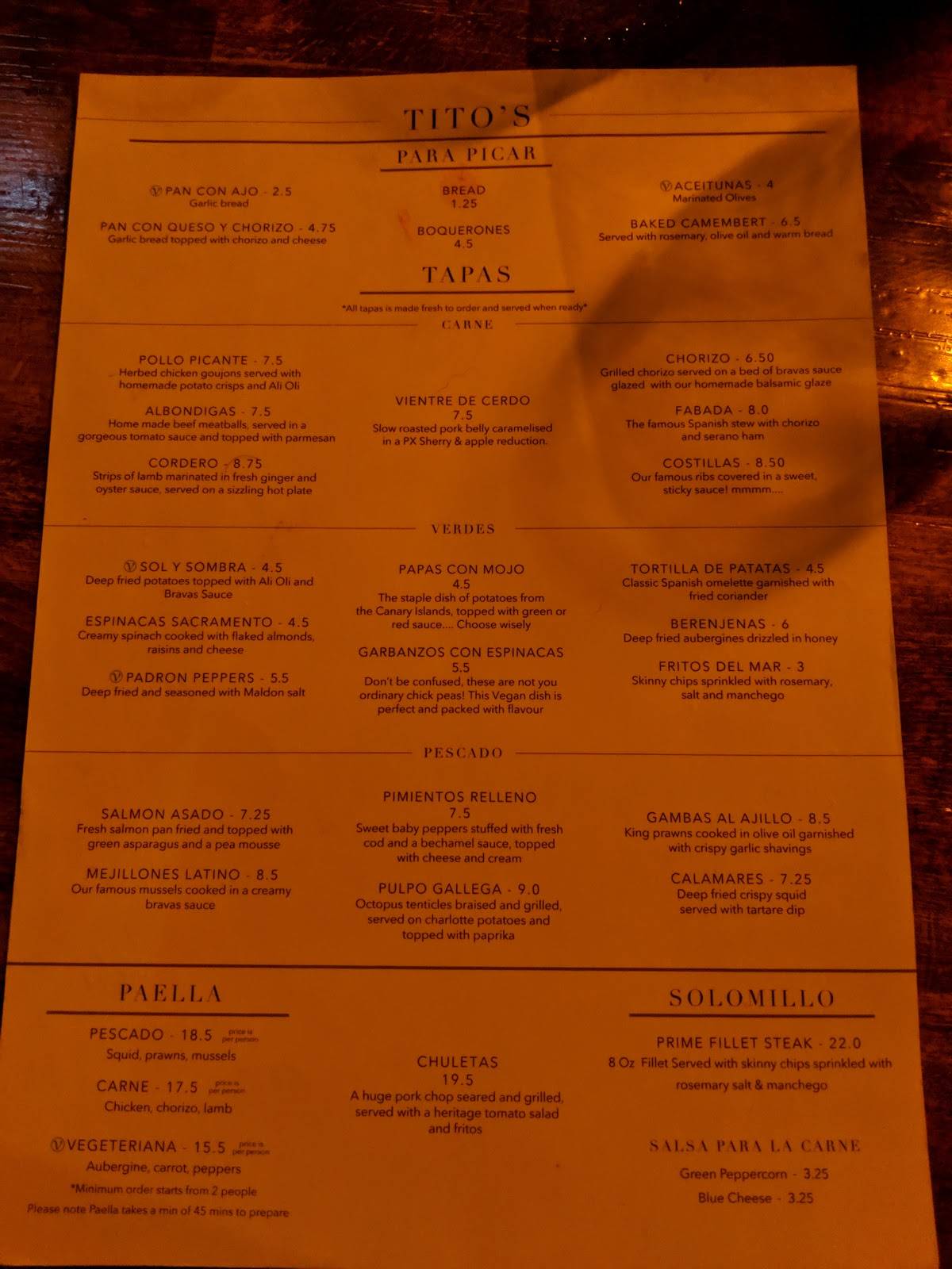 Menu at Tito's restaurant, Worthing