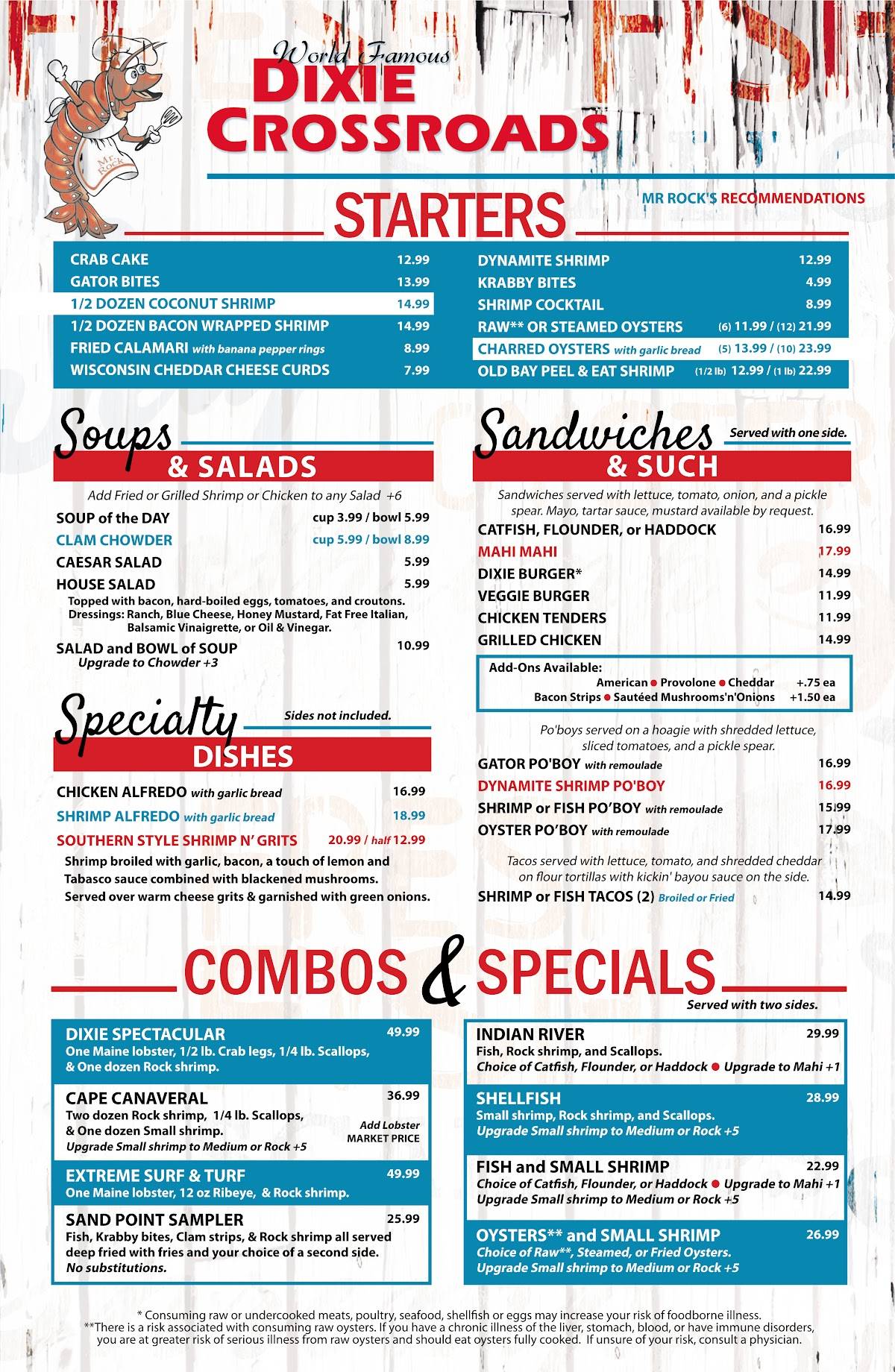 Menu at Dixie Crossroads restaurant, Titusville, Garden St