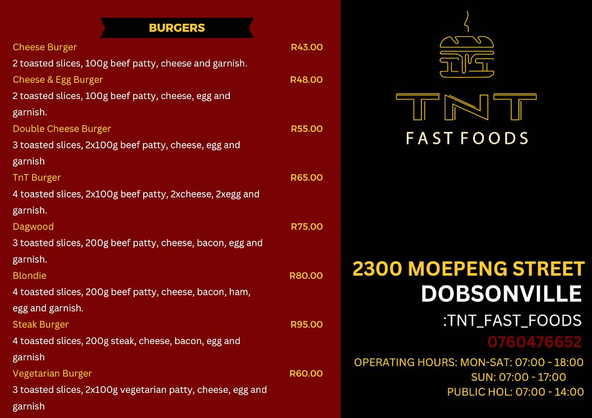 Menu at TnT Fast Foods, Johannesburg South