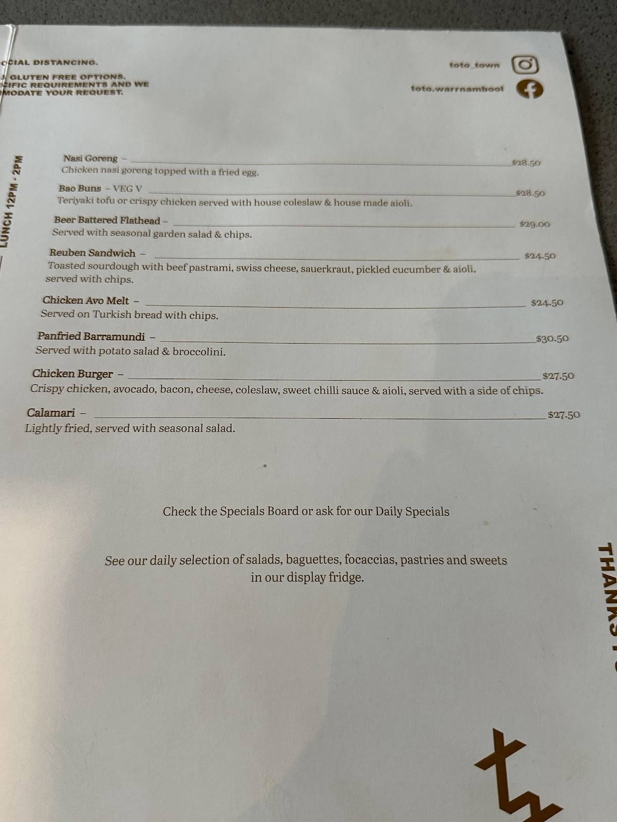 Menu at ToTo Town cafe, Warrnambool