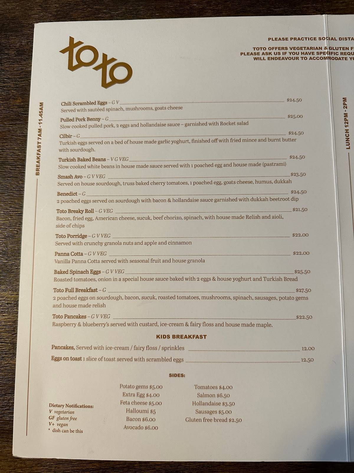 Menu at ToTo Town cafe, Warrnambool