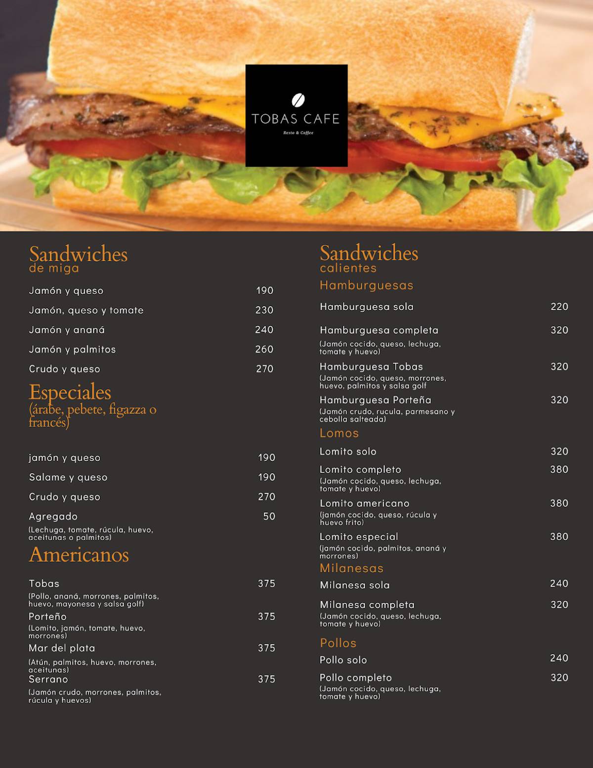 Menu at Tobas Café, Buenos Aires