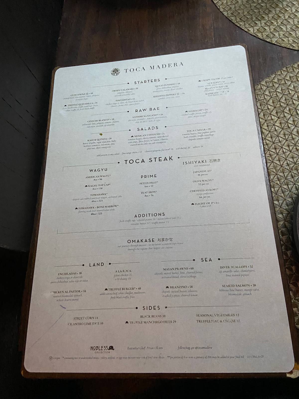 Меню паба и бара Toca Madera West Hollywood, Лос-Анджелес, W 3rd St