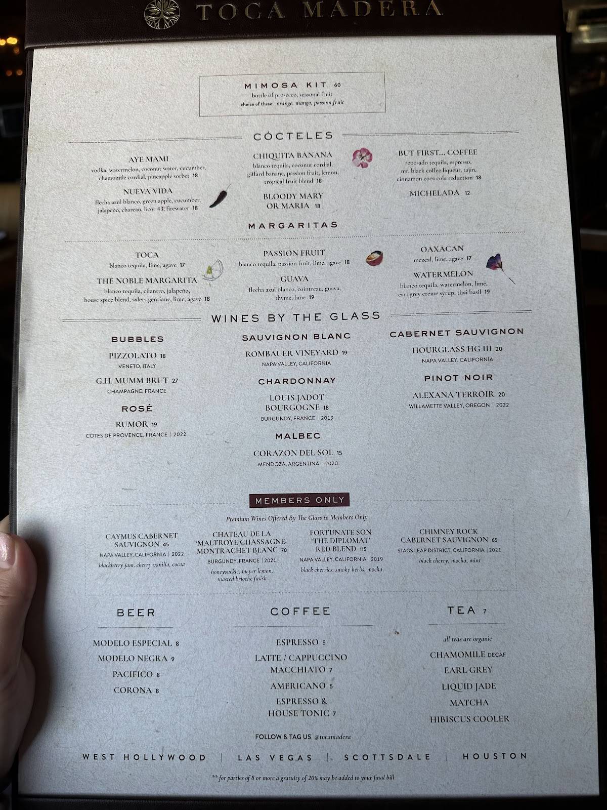 Menu at Toca Madera West Hollywood pub & bar, Los Angeles, W 3rd St
