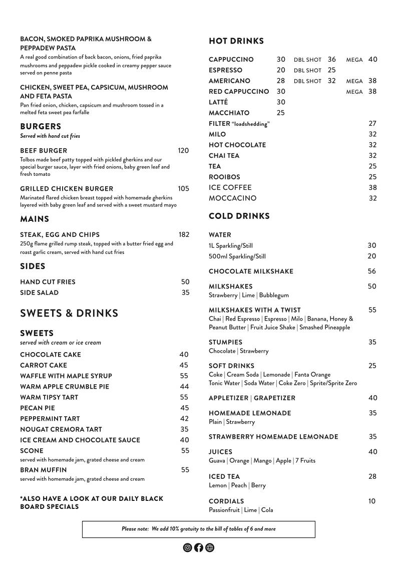 Menu at Tolbos Country Shop & Restaurant Patensie, Patensie