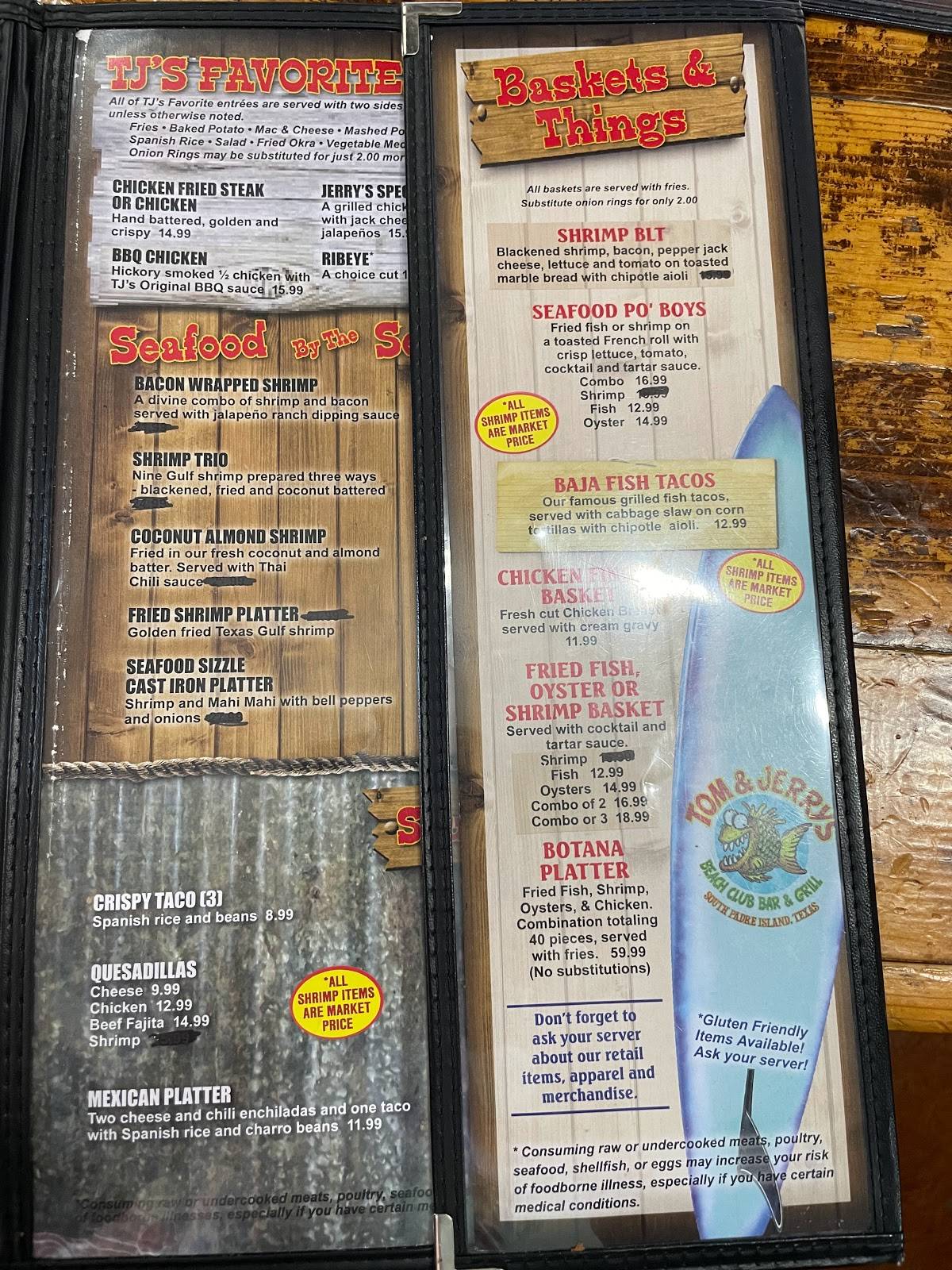 Menu at Tom and Jerry's, Bar & Grill, South Padre Island