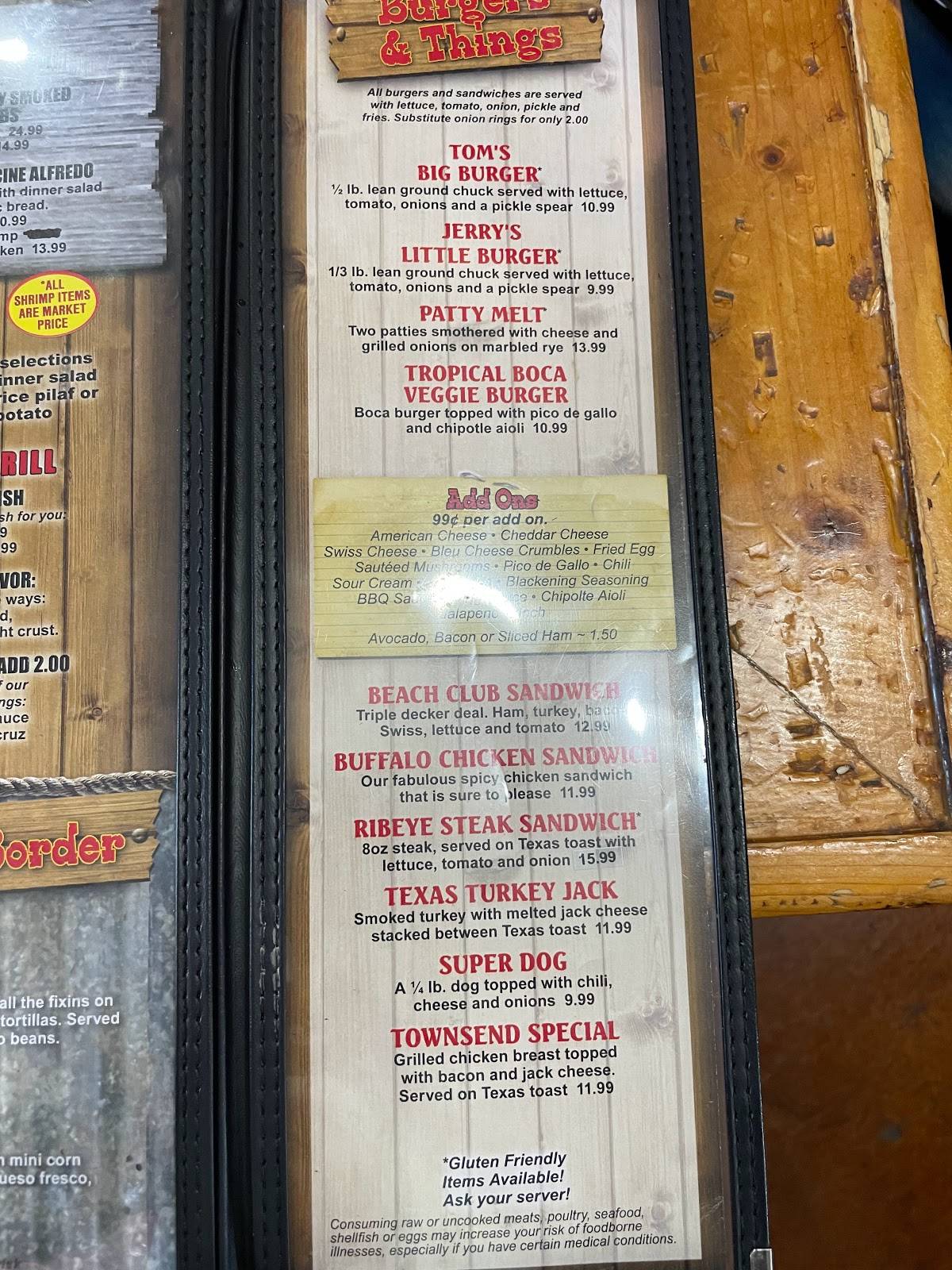 Menu at Tom and Jerry's, Bar & Grill, South Padre Island