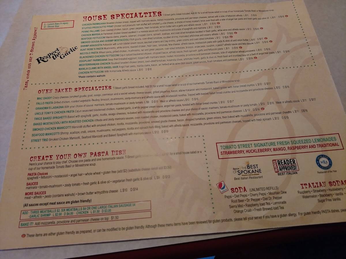 Menu at Tomato Street North Division pizzeria, Spokane, N Division St